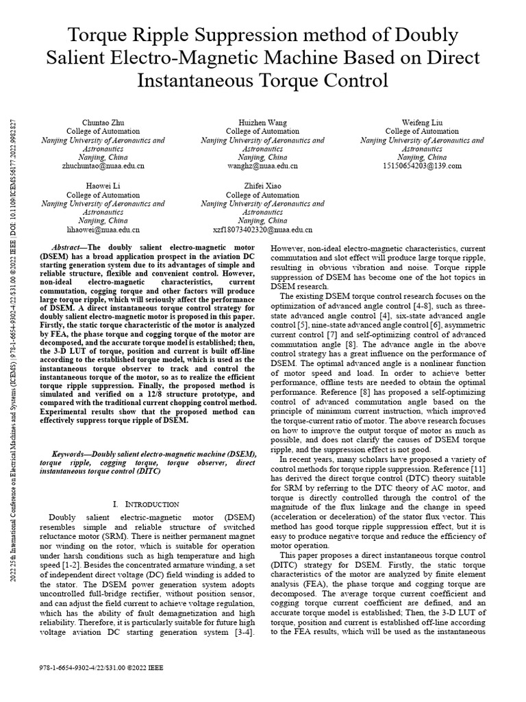 Torque Ripple Suppression Method of Doubly Salient Electro-Magnetic Machine Based On Direct ...