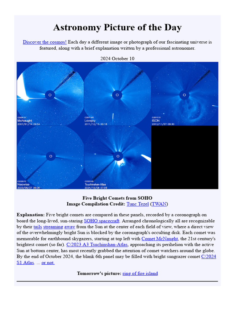 NASA PHOTO - 2024 October 10 - Five Bright Comets From SOHO | PDF