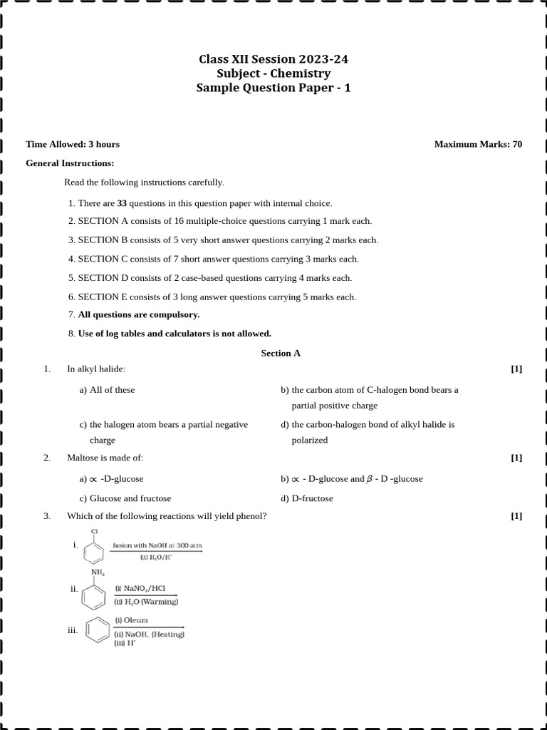 Chemistry Class 12.Sample Paper 01 | PDF