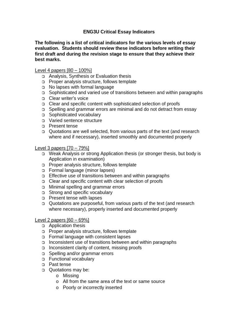 ENG3U Critical Essay Indicators Assessment Rubric | PDF
