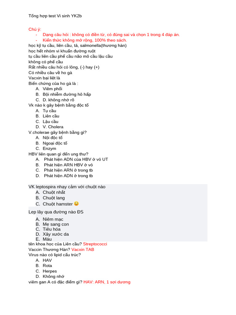 T NG H P Test Vi Sinh YK2b | PDF