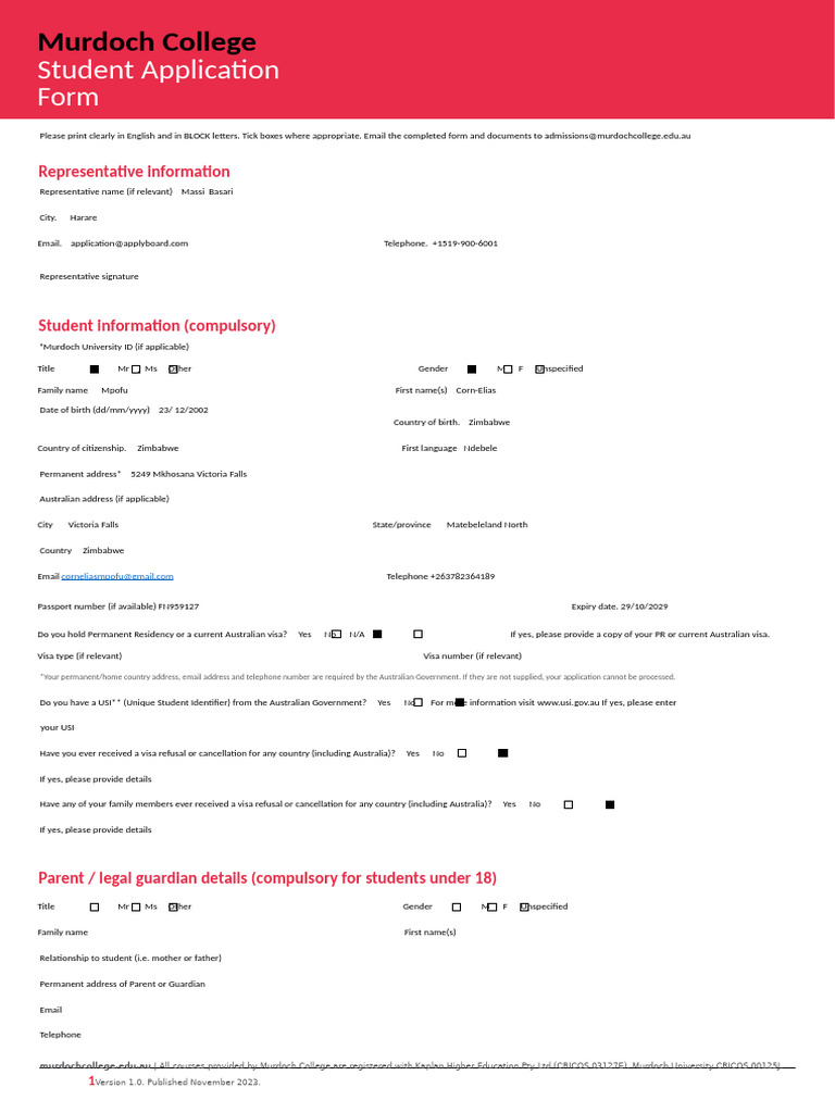 Form Student Application: Murdoch College | PDF