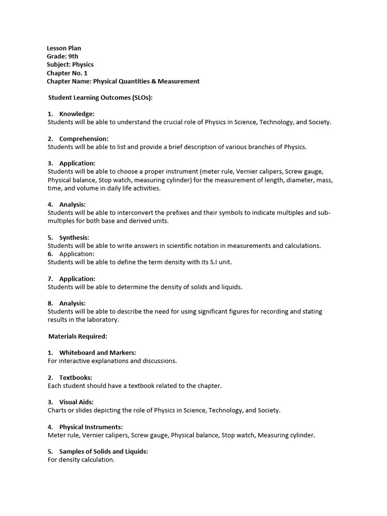 9th Grade Physics Lesson Plans | PDF | Gases | Force