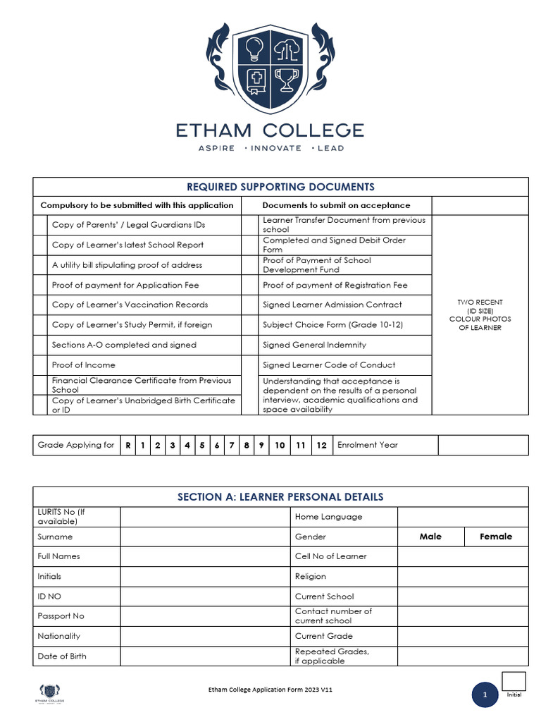 Etham College Application Form 2023 V1 | PDF | Identity Document | Justice