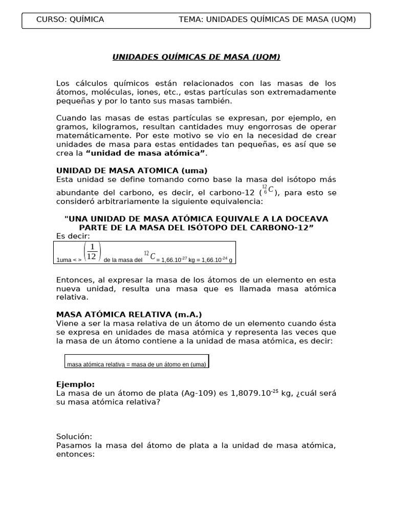 Unidades Químicas de Masa | PDF | Mole (Unidad) | Ciencia y matemáticas