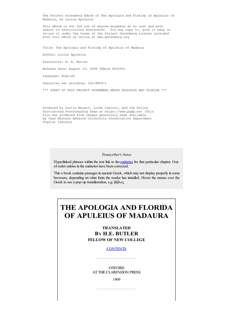 The Apologia and Florida of Apuleius of Madaura by Lucius Apuleius ...