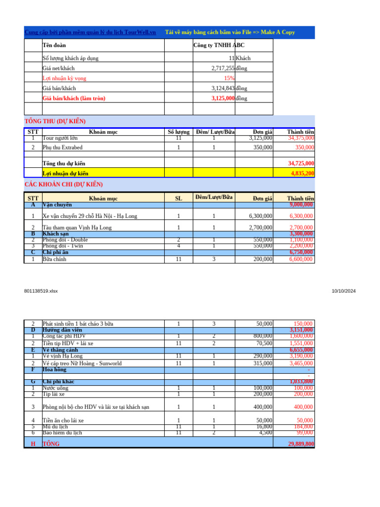 Mẫu chiết tính giá tour trên Excel (Tourwell.vn) - Tải về để sử dụng! | PDF