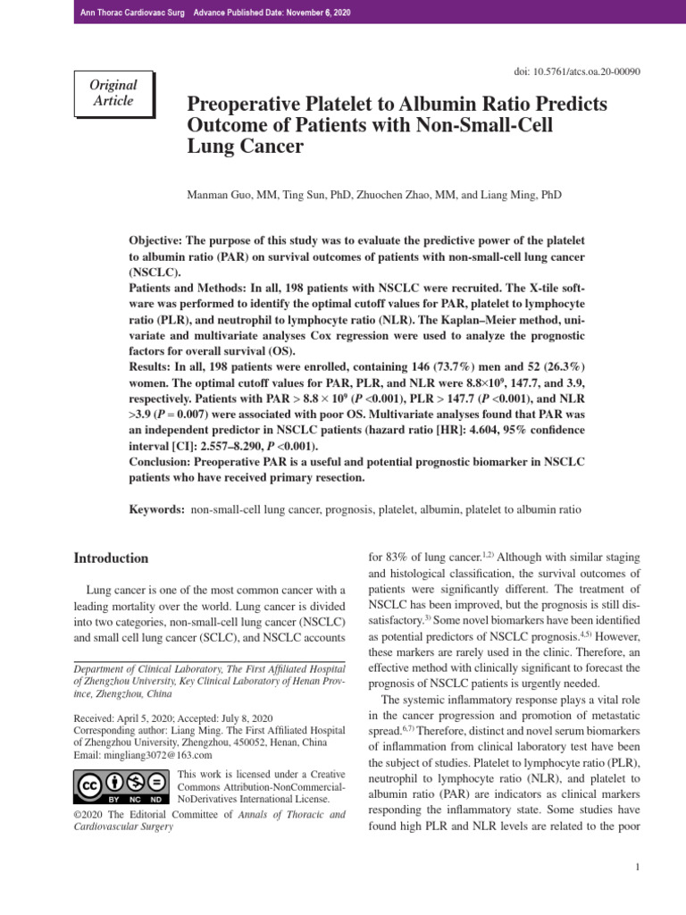 Preoperative Platelet To Albumin Ratio Predicts Ou | PDF