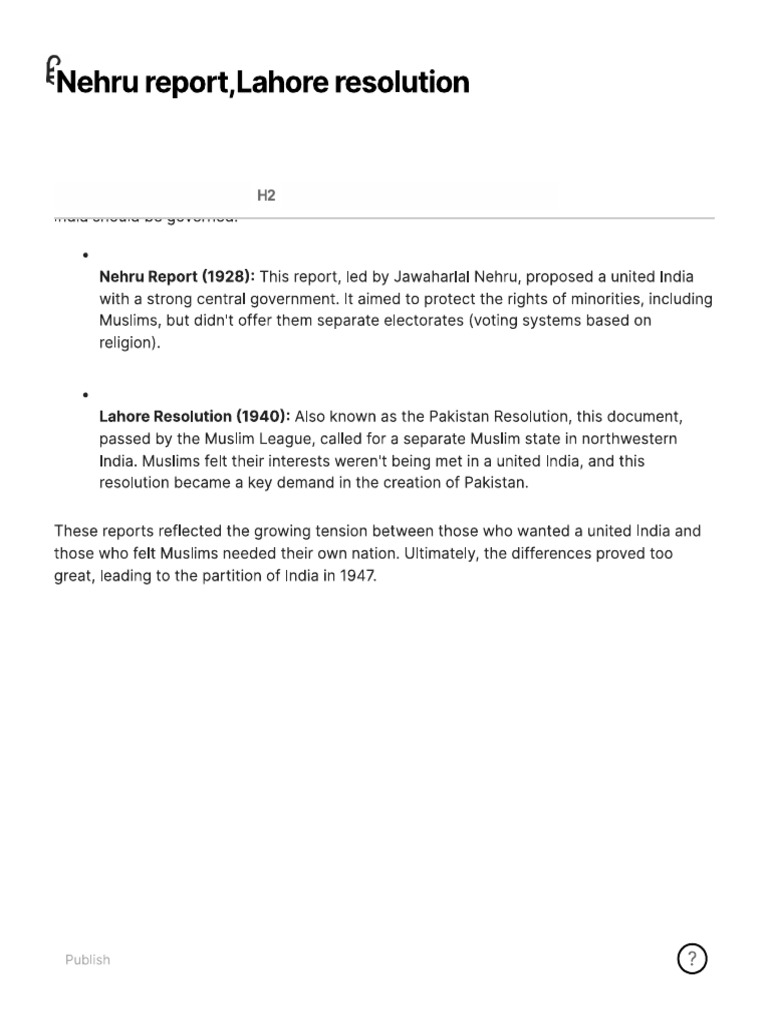 Nehru Report, Lahore Resolution | PDF