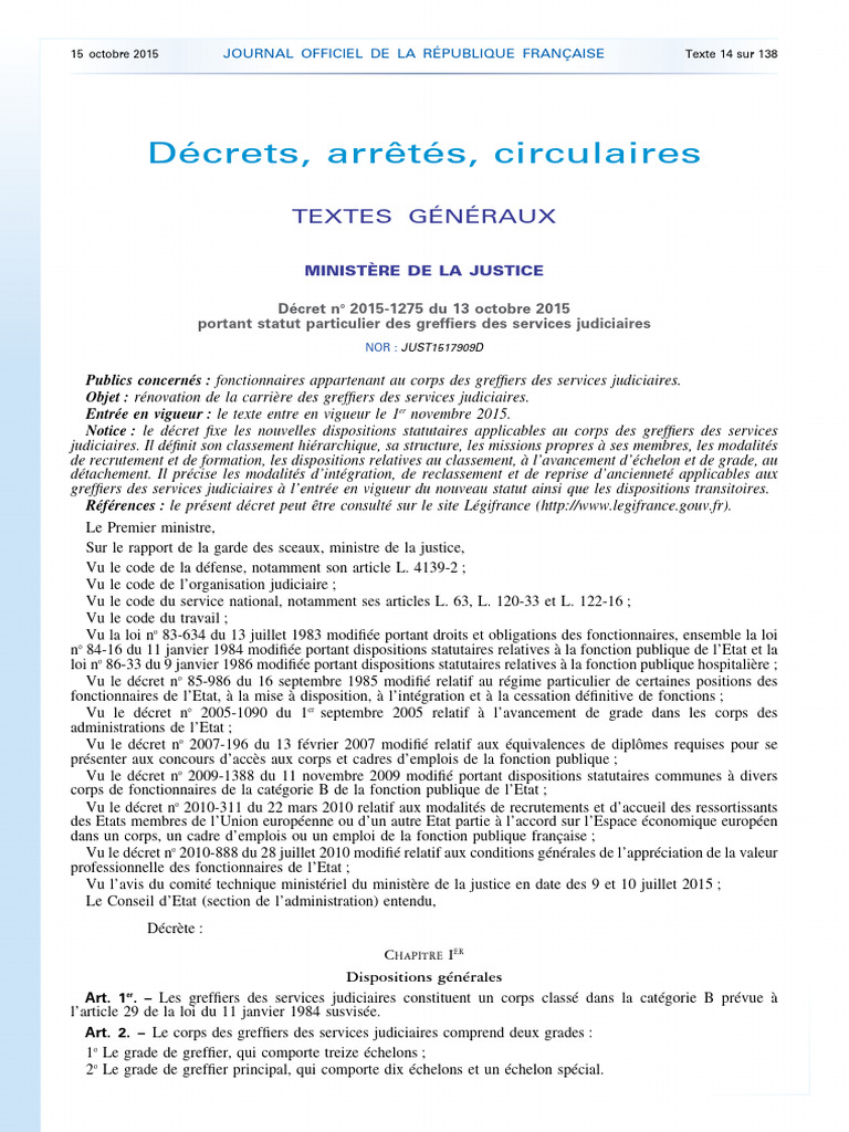 Statut Particulier Des Greffiers Des Services Judiciaires - France | PDF
