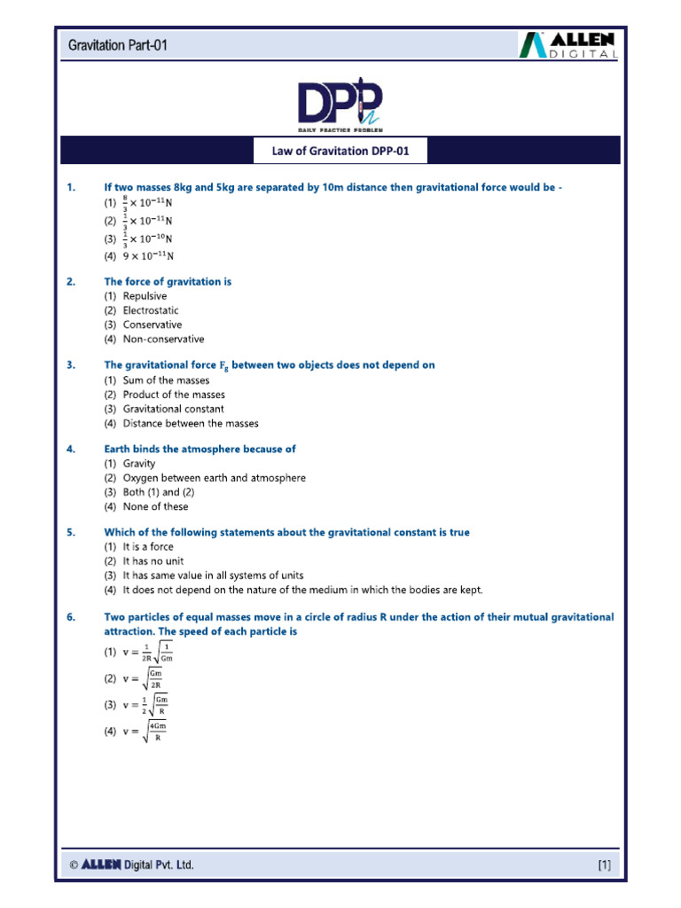 Gravitation class 11 DPP 1&2 | PDF
