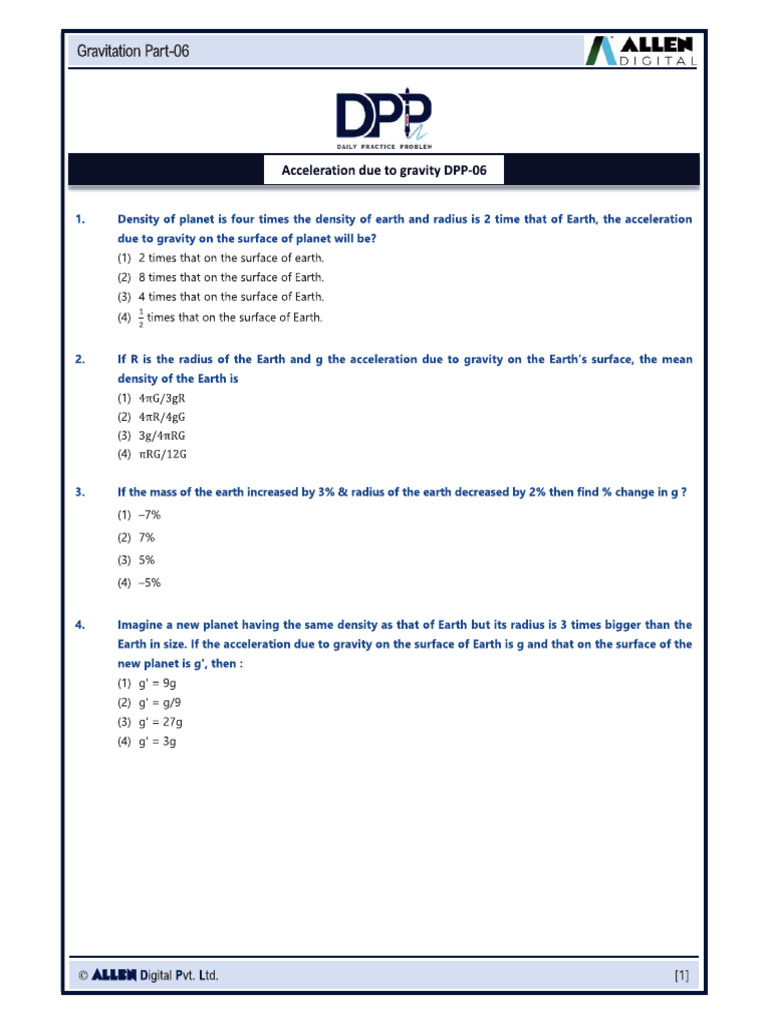 Gravitation Class 11 DPP (Variation of G) | PDF
