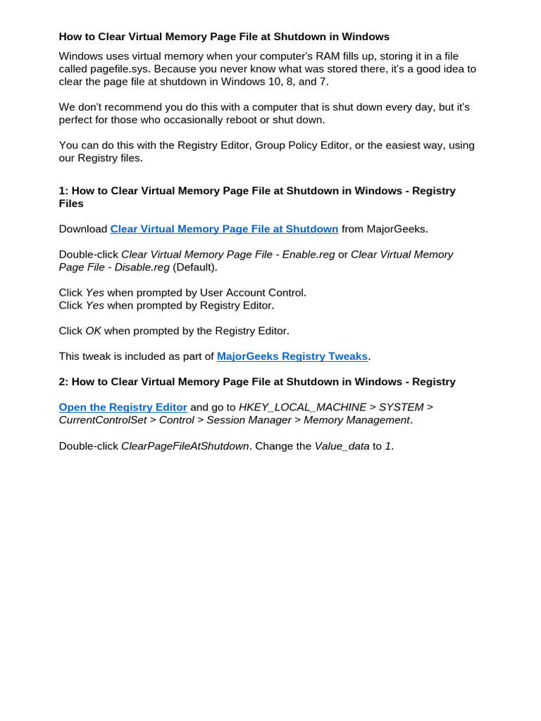 How To Clear Virtual Memory Page File at Shutdown in Windows | PDF