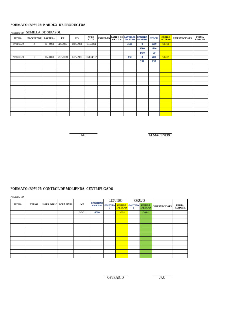 Ejemplo Formatos Trazabilidad - Aceite | PDF