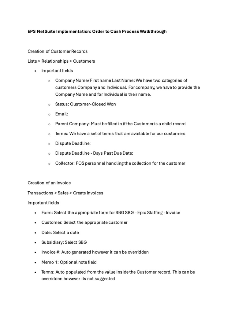 EPS NetSuite Implementation Order To Cash Process Walkthrough | PDF