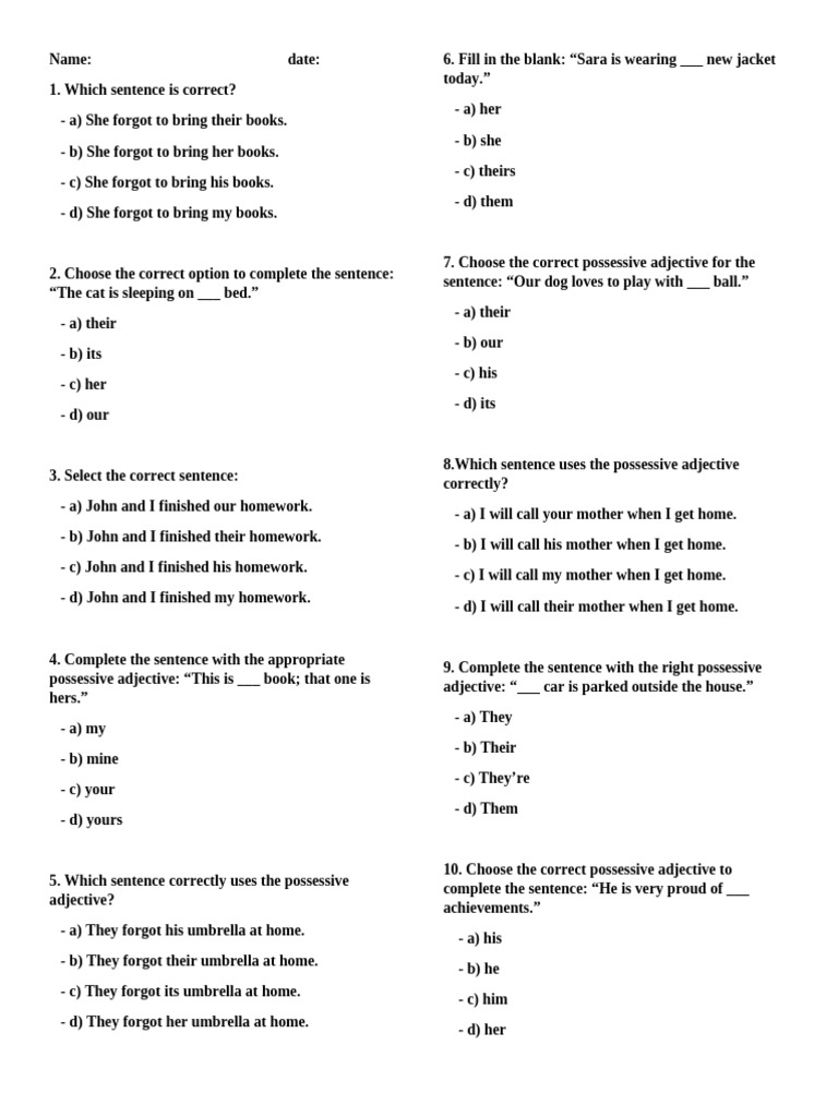 POSSESIVE ADJECTIVES QUIZZ | PDF