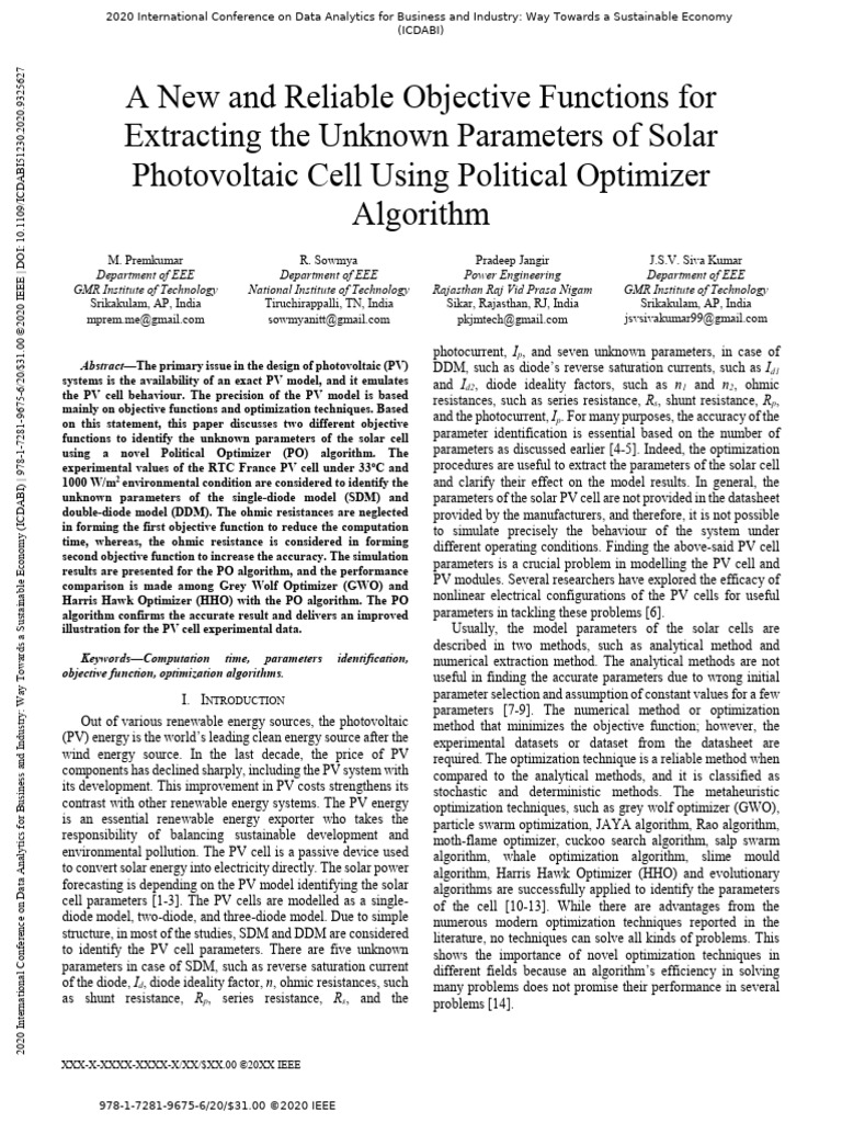 A New and Reliable Objective Functions For Extracting The Unknown Parameters of Solar ...