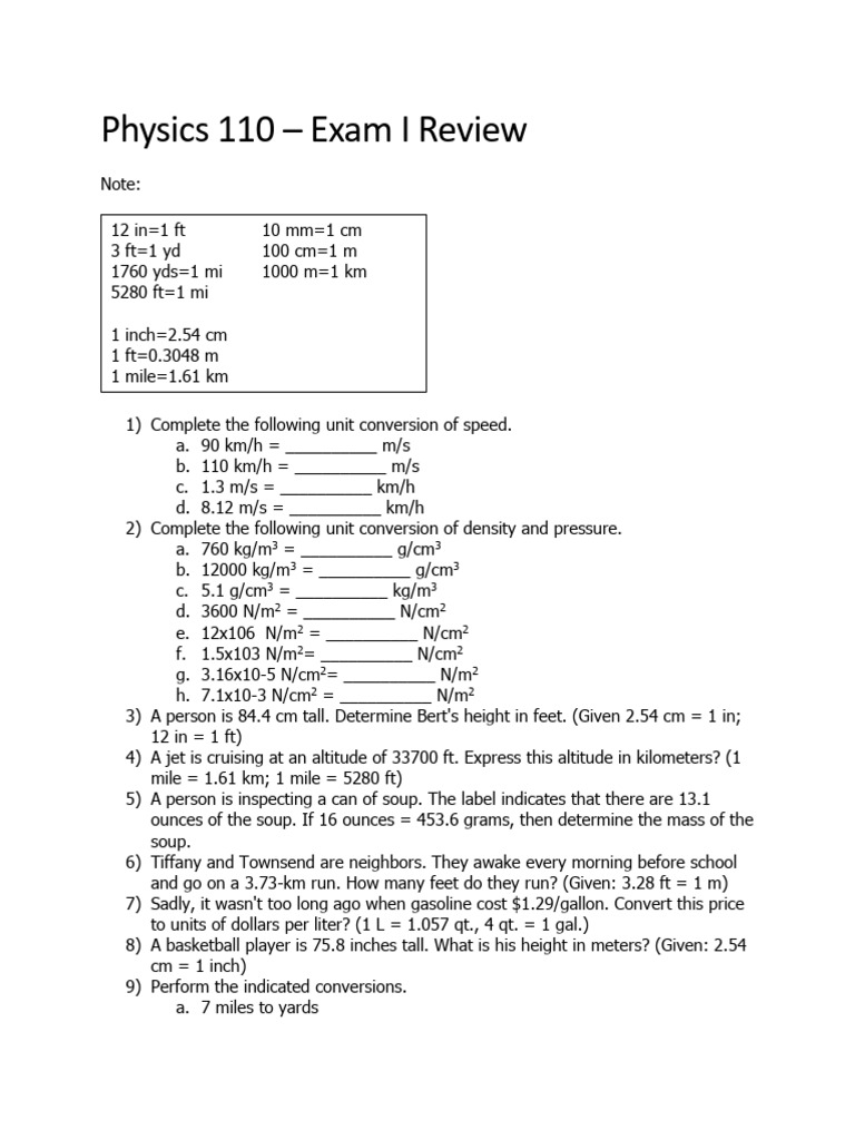 Phys110 Exam1 Review v1 | PDF