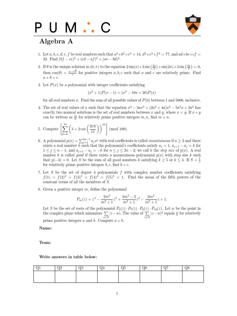 Algebra A 2023 | PDF