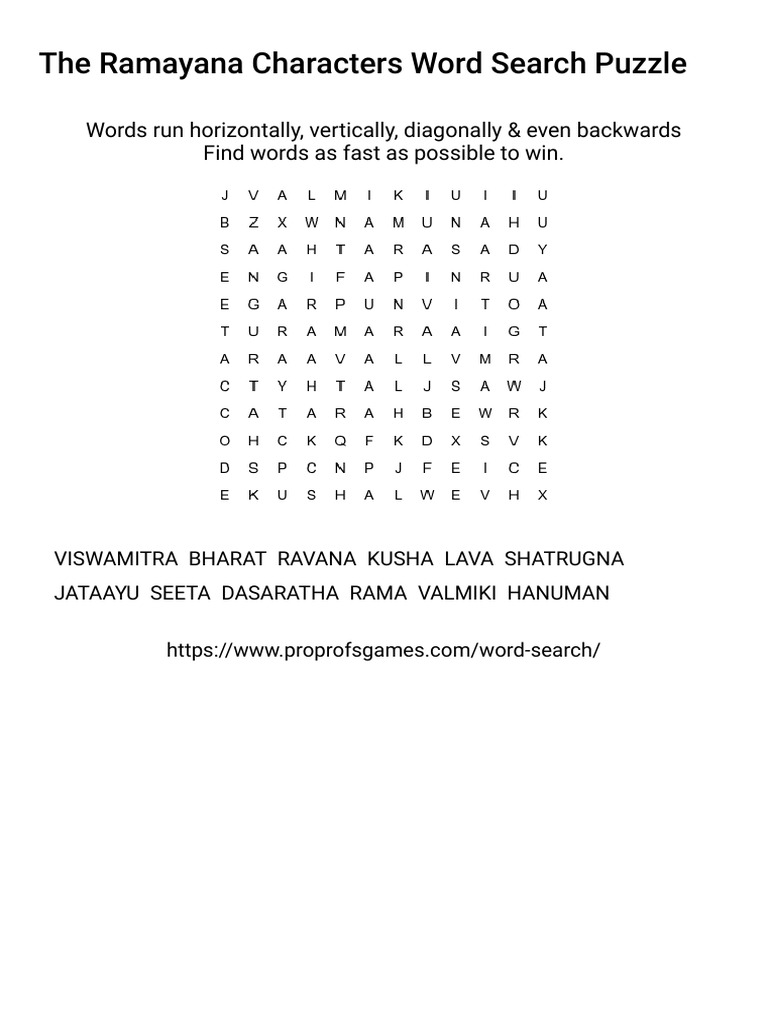 The Ramayana Characters Word Search Puzzle: ProProfs Games | PDF