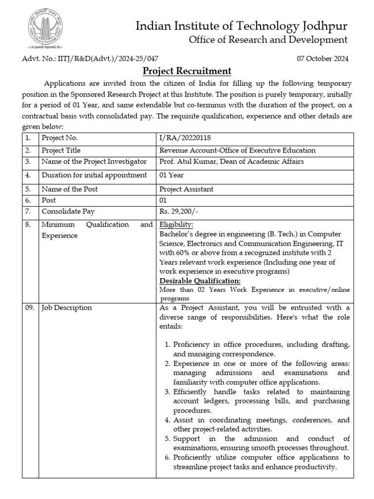 IITJ RD (Advt.) 2024-25 047 | PDF