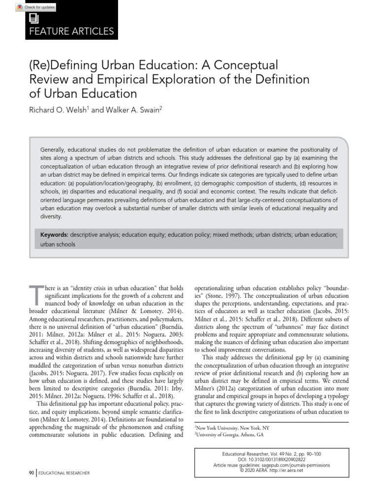 Welsh Swain 2020 (Re) Defining Urban Education A Conceptual Review and ...