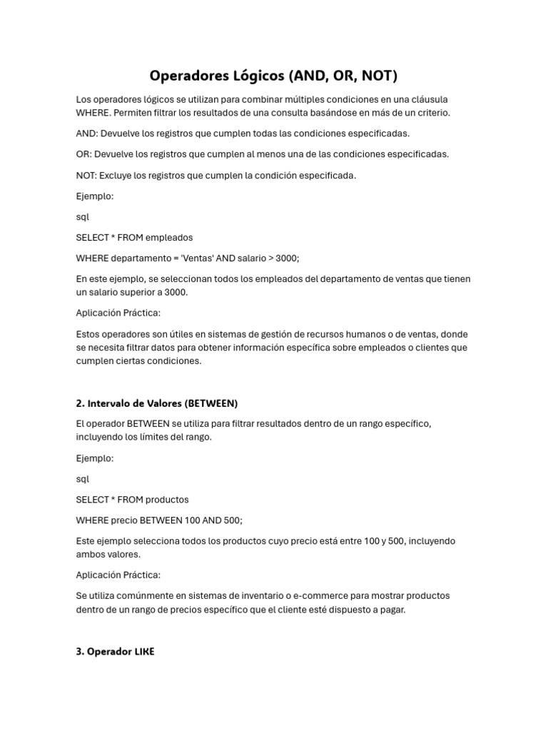 Operadores Lógicos y Funciones SQL Esenciales | PDF | SQL | Informática