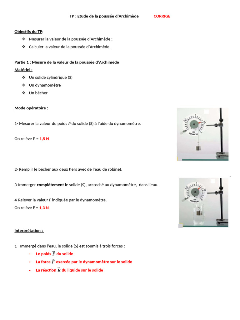 Coint1MM Hydrostatique ArchimŠde CORRIGE | PDF