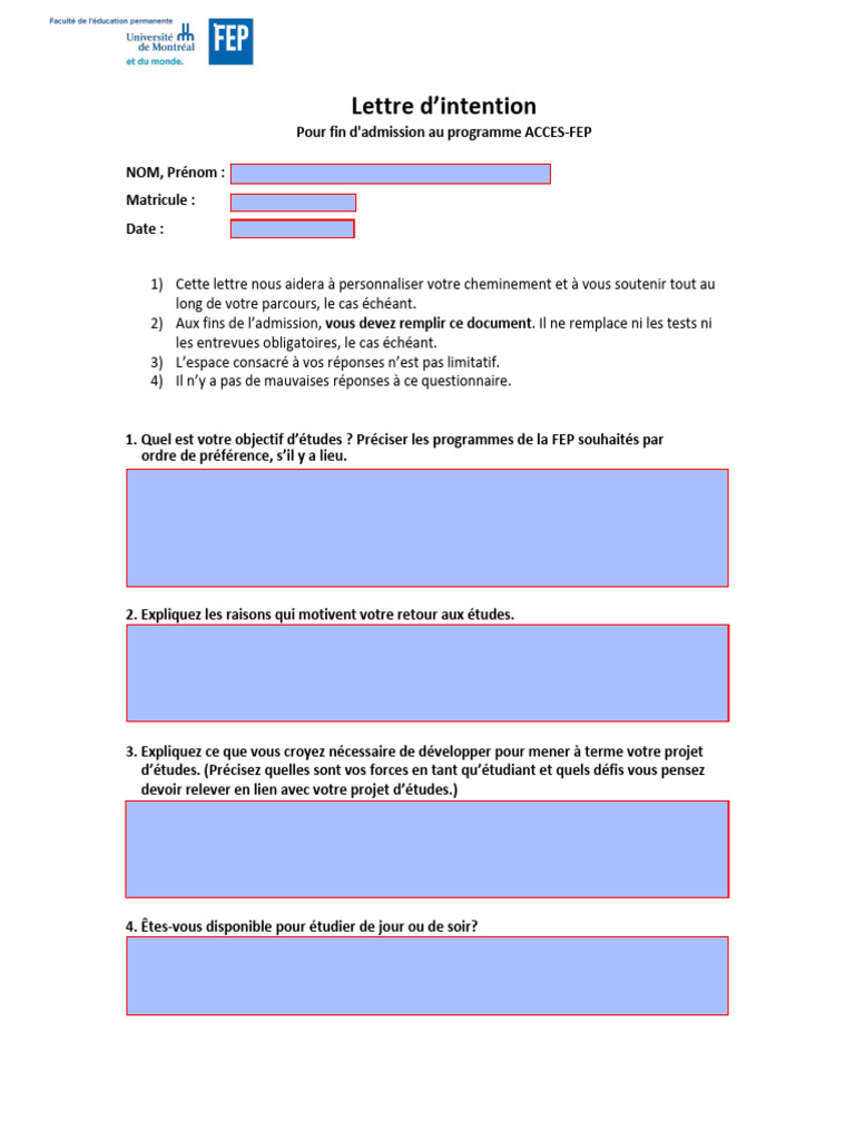 Lettre Intention Acces Fep | PDF