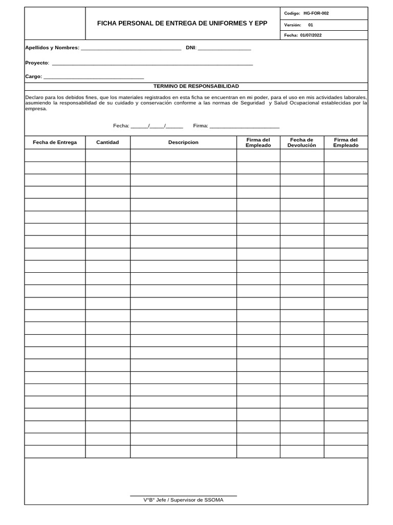 Formato Ficha Personal de Entrega de EPPs | PDF