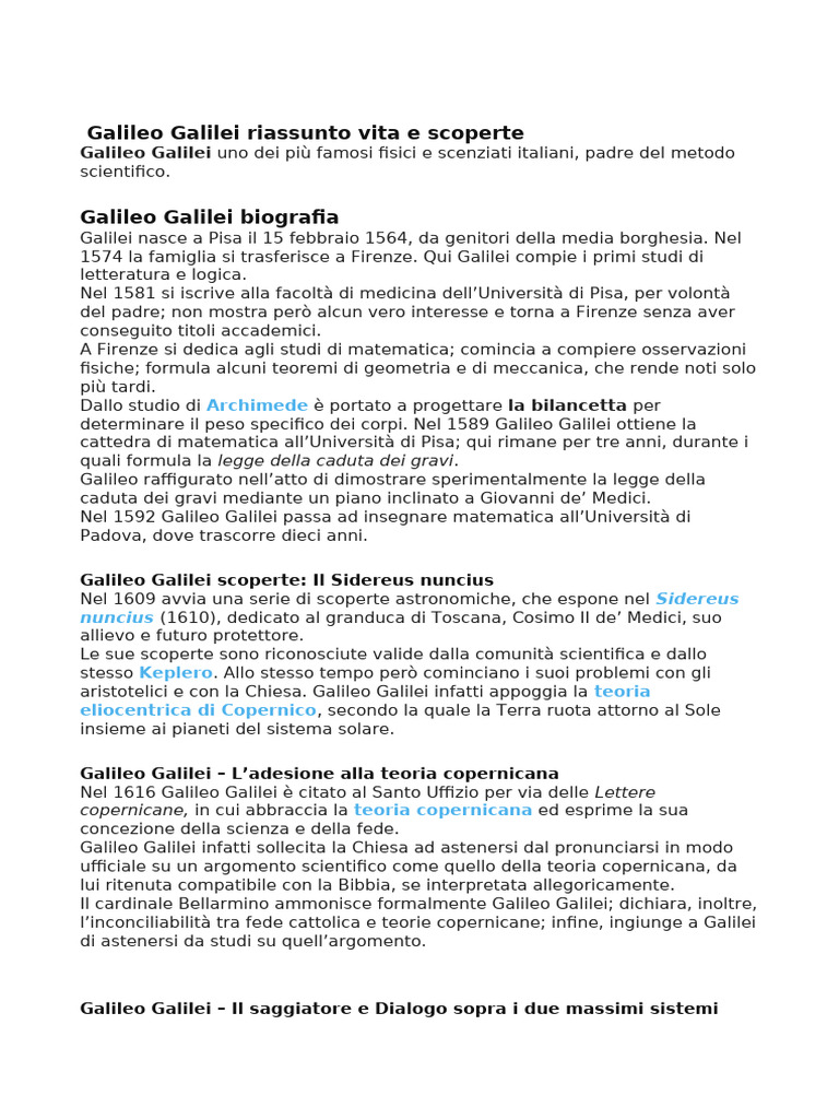 Galileo Galilei Riassunto Vita e Scoperte | PDF
