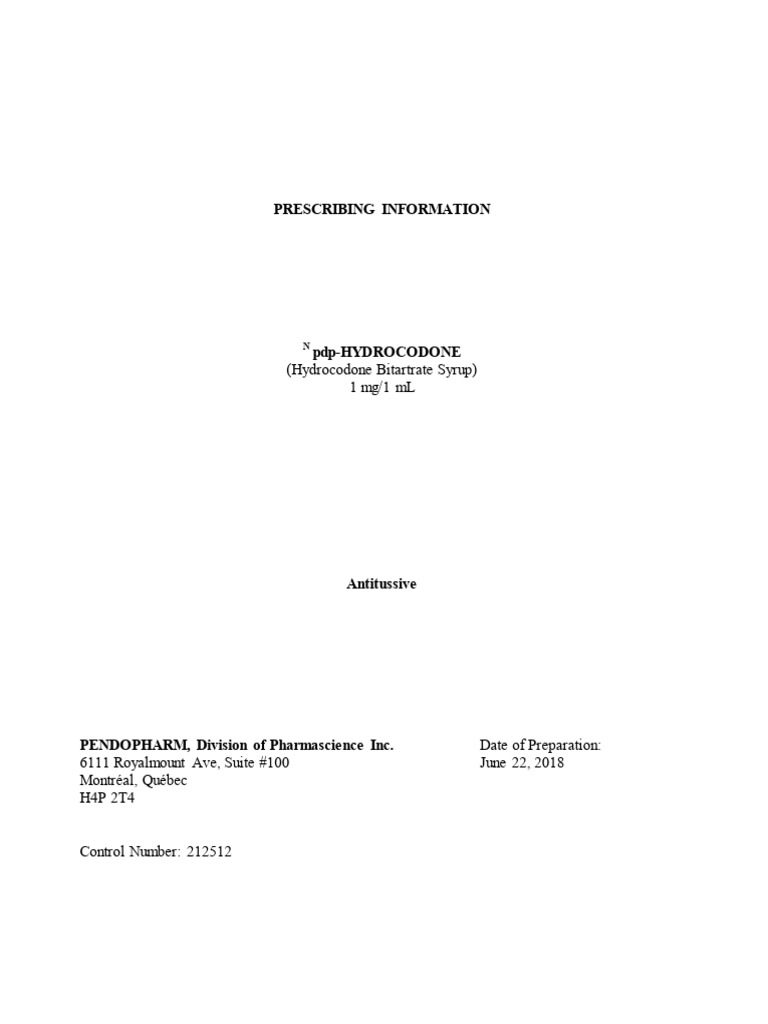 Prescribing Information: (Hydrocodone Bitartrate Syrup) 1 mg/1 ML | PDF