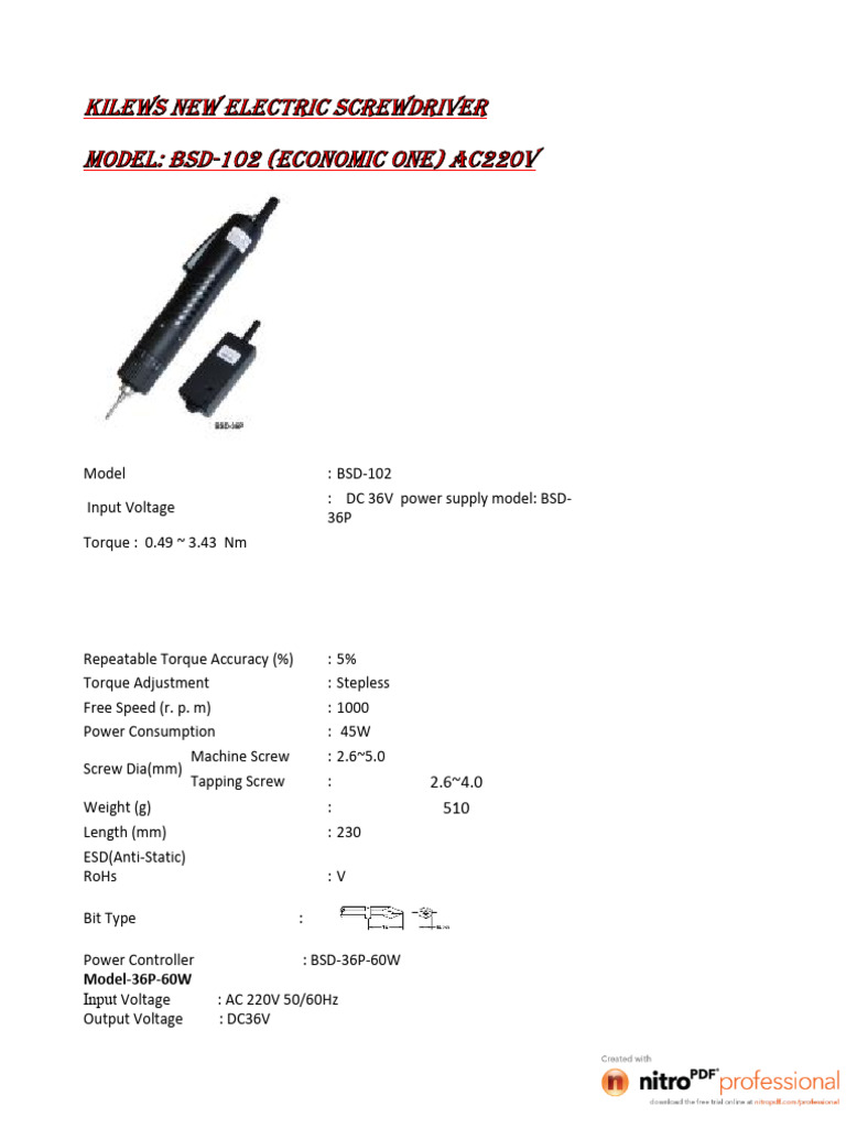 Kilews New Electric Screwdriver MODEL: BSD-102 (Economic One) AC220V | PDF