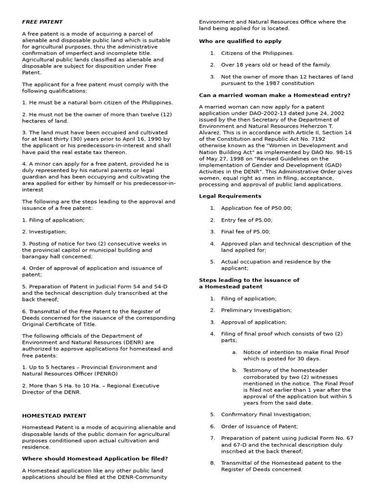 Steps For Homestead Amp Free Patent | PDF