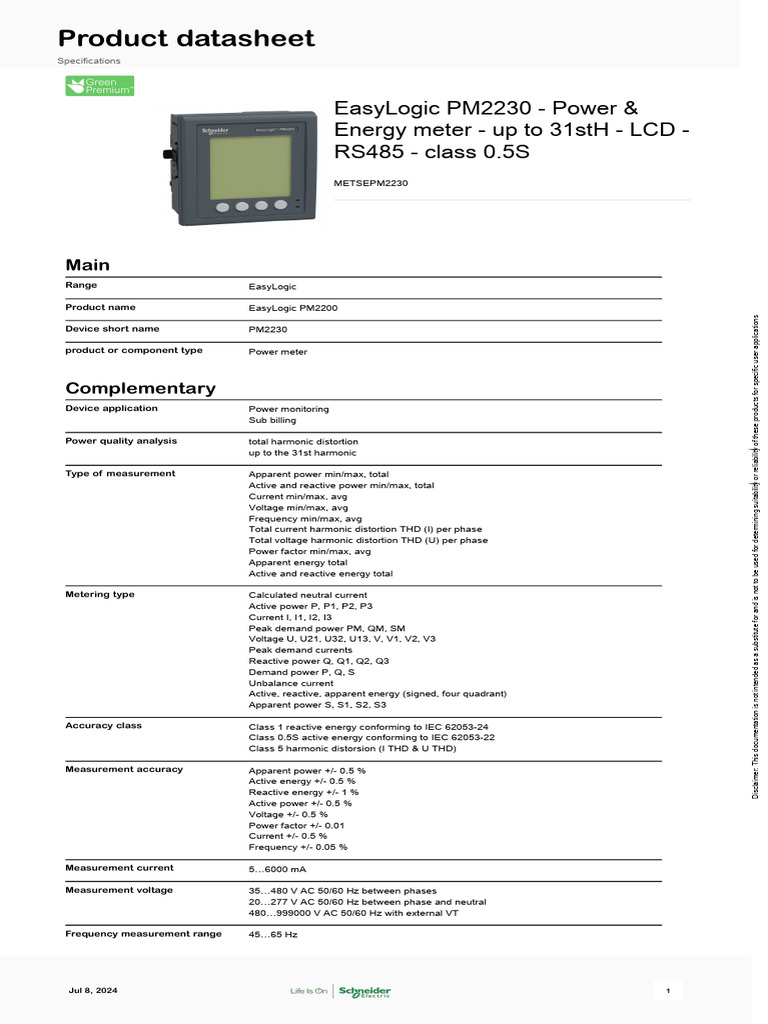 Schneider Electric - EasyLogic Power-Meters - METSEPM2230 | PDF