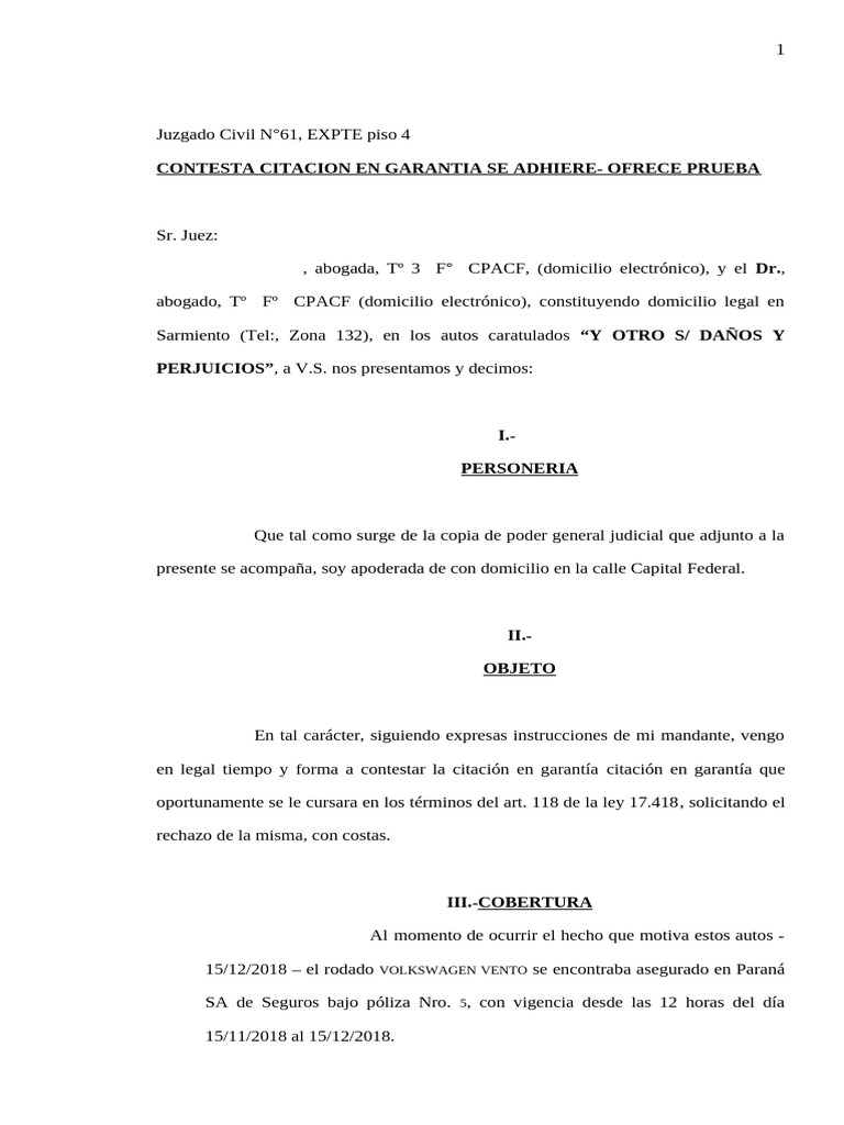 Se Adhiere - Contesta Citación en Garantía | PDF | Póliza de seguros ...