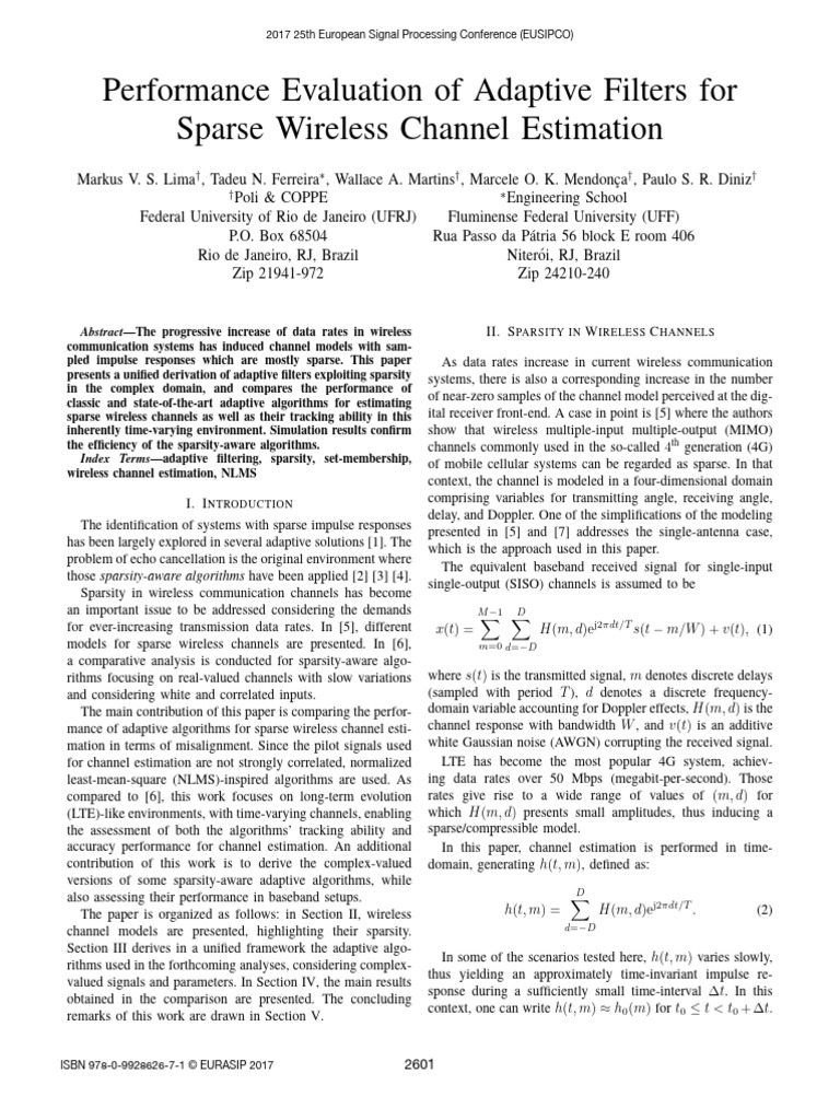 Performance Evaluation of Adaptive Filters For Sparse Wireless Channel Estimation | PDF