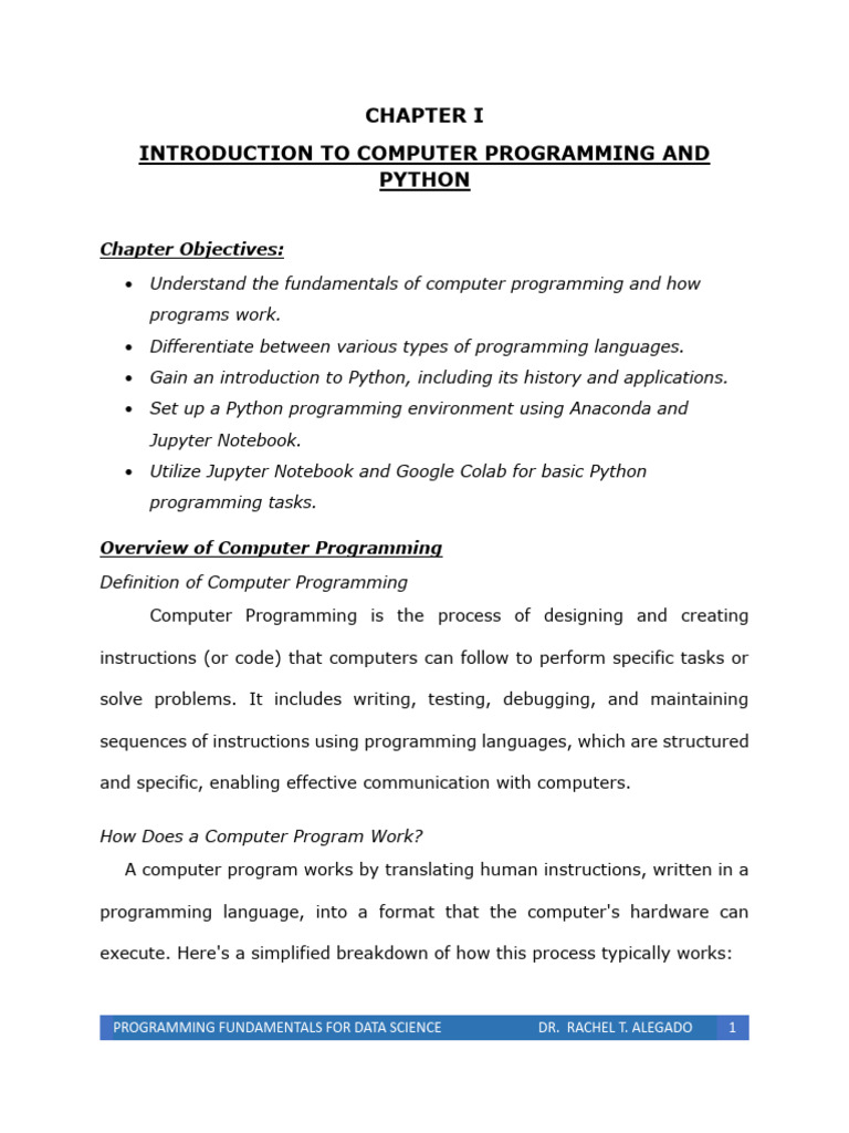 CHAPTER I INTRODUCTION TO COMPUTER PROGRAMMING AND PYTHON For Student | PDF