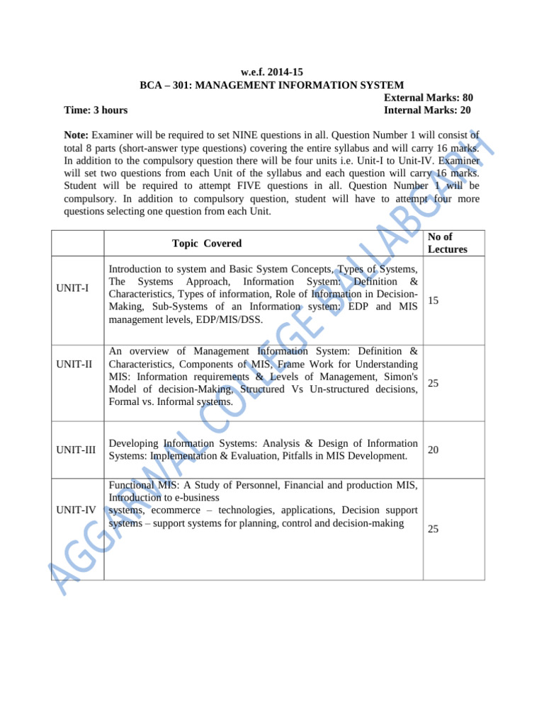 W.E.F. 2014-15 BCA 301: Management Information System External Marks ...