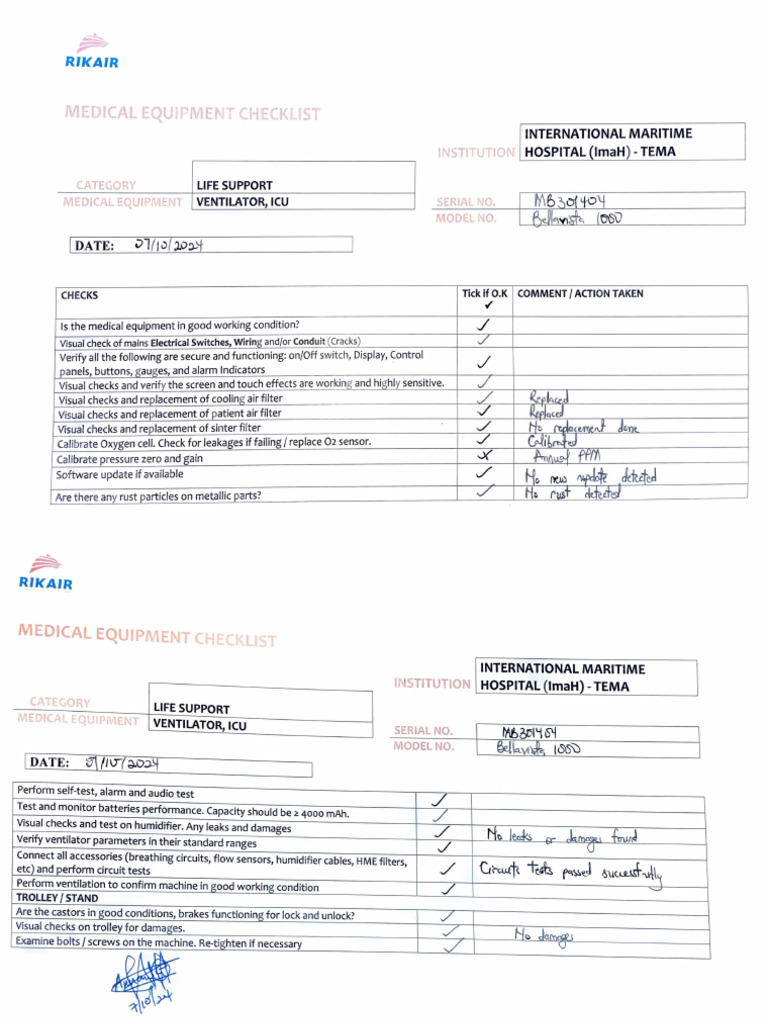 Rikair Ventilator Checklist IMaH | PDF