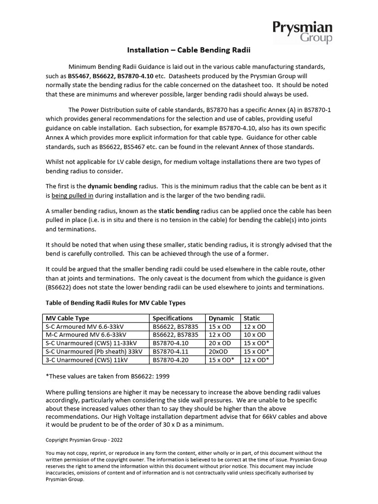 Installation Bending Radius - Prysmian | PDF Installation Bending Radius - Prysmian | PDF