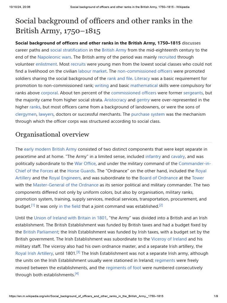 Social Background of Officers and Other Ranks in The British Army, 1750-1815 - Wikipedia | PDF