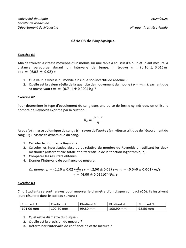 Série 3 - Biophysique - 2024-2025 VFR | PDF