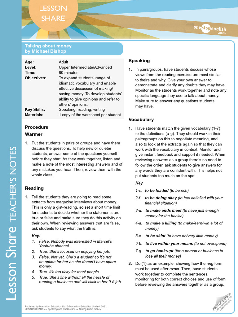 Lessonshare Talkingaboutmoney Teachersnotes 816624 | PDF