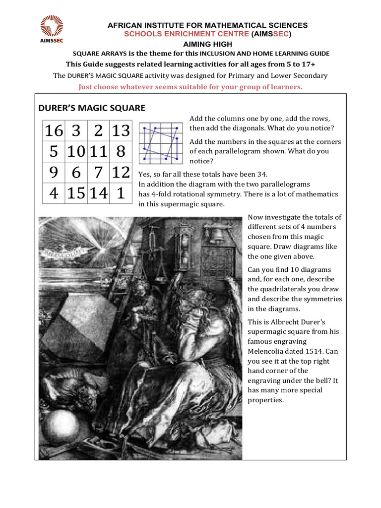 DURERS MAGIC SQUARE Inclusion and Home Learning Guide | PDF | Matrix ...