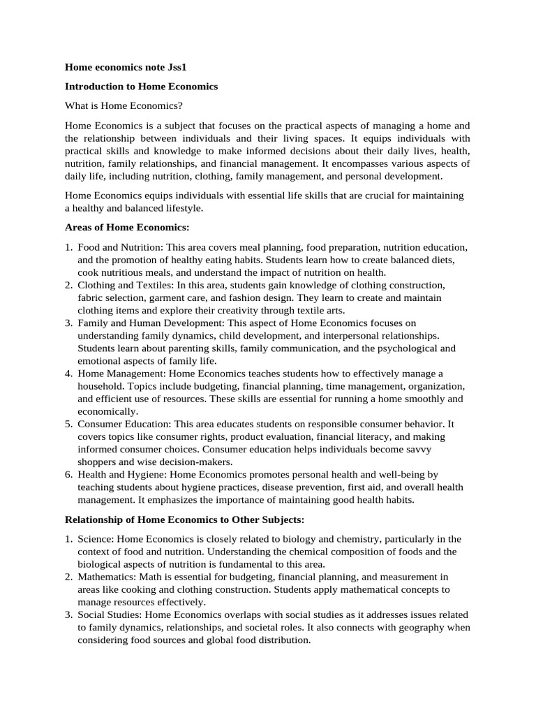 Home Economics Note Jss1 | PDF