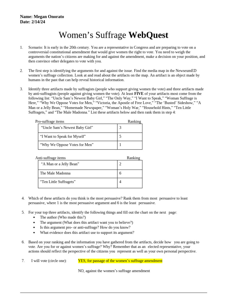 10 14 22 Worksheet Womens Suffrage WebQuest | PDF