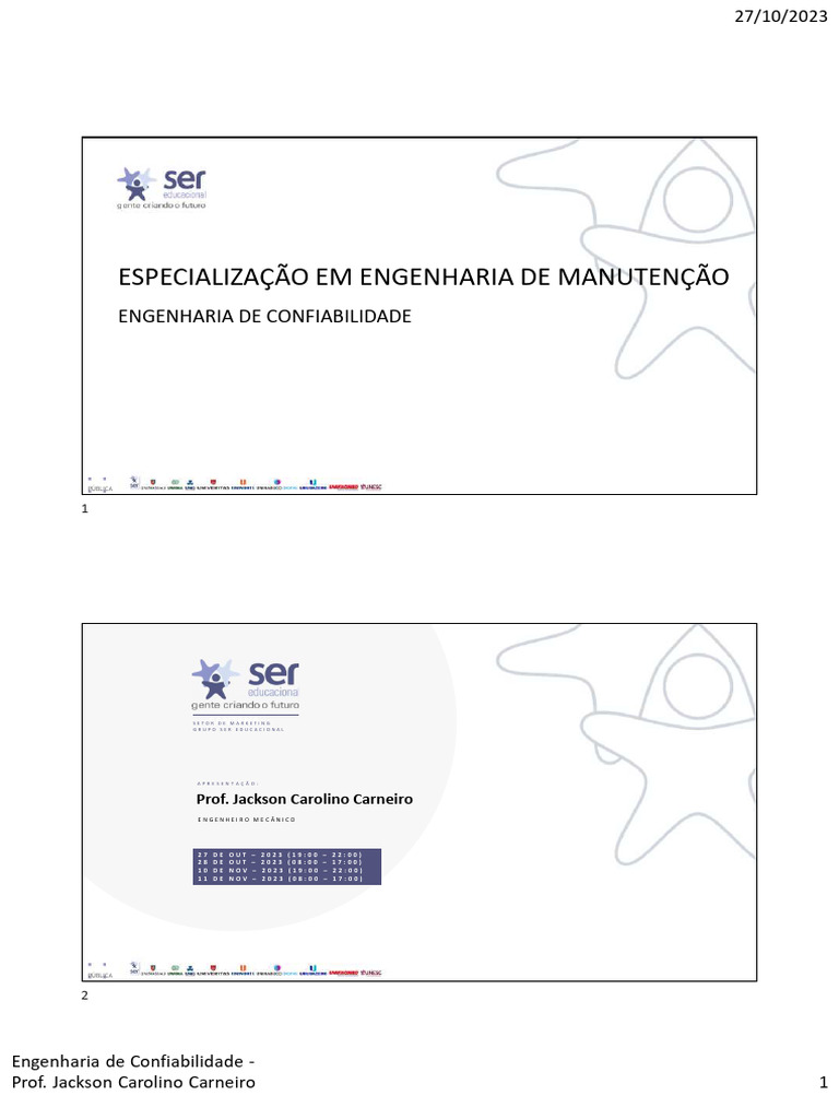 Slides Engenharia de Confiablidade - Prof. Jackson Carolino Carneiro | PDF