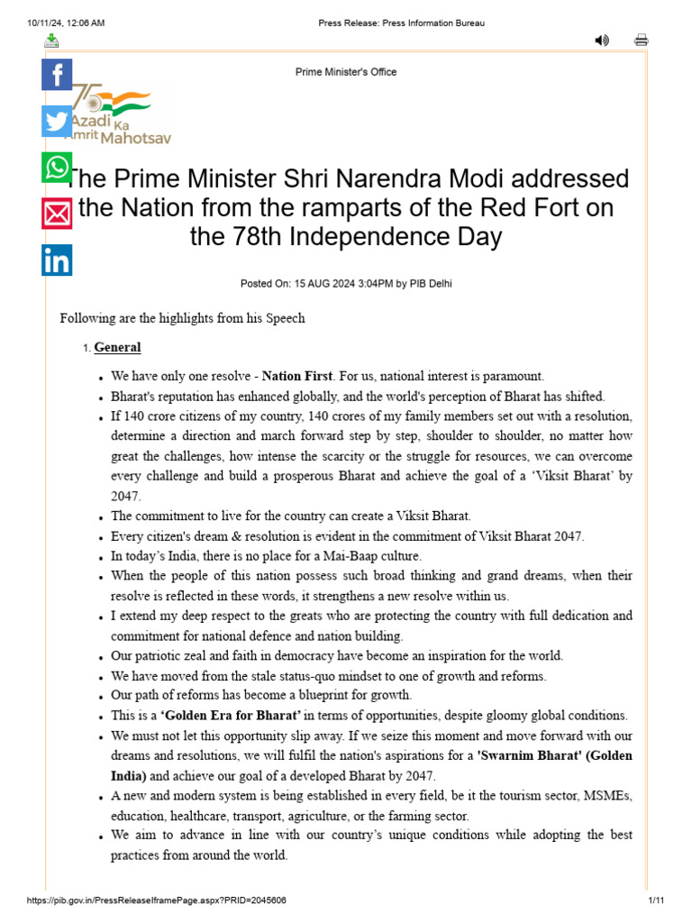 The Prime Minister Shri Narendra Modi Addressed The Nation From The Ramparts of The Red Fort On ...