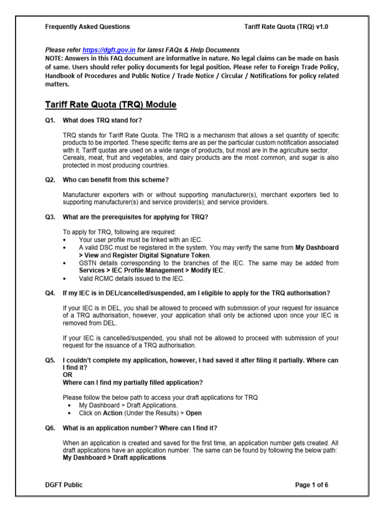 DGFT FAQs Tariff Rate Quota (TRQ) - v1.0 | PDF